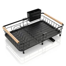 arendo Geschirrst&auml;nder Abtropfgestell Geschirr, Geschirrtrockner mit Auffangschale, Metall, Zubeh&ouml;r f&uuml;r K&uuml;che; Sp&uuml;le; Waschbecken, Holzgriffe, Ablauf, ausziehbar, Besteckhalter, Utensilienhalter