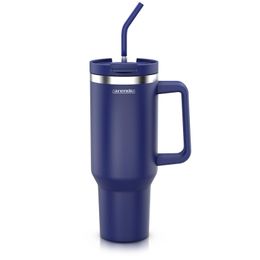 arendo Thermobecher, Tumbler 1200 ml, Becher mit Deckel, Henkel und Strohhalm, Thermal Mug, dunkelblau