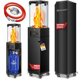 Kesser&reg; Gasheizstrahler 4/8 kW Gas Piezoz&uuml;ndung Heizung + Gasdruckregler + Cover, 360&deg; Rollen Kippschutz, Terrassenheizstrahler Gasheizung Gasheizer Outdoor Kamin Mobiler Heizpilz, Heizer, Schwarz