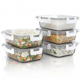 arendo Frischhaltedose, mit Deckel 5er Set, Vorratsdosen, auslaufsicher, Glas-Lunchboxen, transparent/wei&szlig;