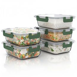 arendo Frischhaltedose, mit Deckel 5er Set, Glas-Lunchboxen, Vorratsdosen, auslaufsicher, transparent/gr&uuml;n