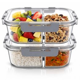 arendo Frischhaltedose, 2er Set Glas Vorratsdosen, 2 F&auml;cher, Lunchboxen, auslaufsicher, Deckel, transparent