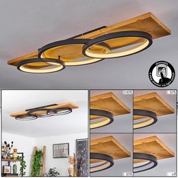 hofstein LED Deckenleuchte Pompu mit 3 Ringen in Naturfarben, dimmbar, 3000K warmwei&szlig; Aus Holz und Metall, wei&szlig;er und schwarzer Schirm, 4700 Lumen