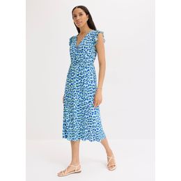bonprix Jerseykleid aus softem Viskose-Mix, blau, Gr.44/46 (L), Maxikleid mit V-Ausschnitt, kurzen Volant&auml;rmeln und elastischer Taille mit Raffungen, aus Viskose