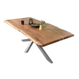 Esstisch Baumkante massiv Akazie Natur 300 x 110 Spider-Gestell silber CALI