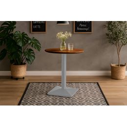 Bistrotisch Schweizer Kante massiv Akazie nussbaumfarben 60 cm S&auml;ulengestell-eckig silber BRASILIA