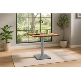 Bistrotisch Baumkante massiv 60 x 60 cm Akazie naturfarben Gerade Kante S&auml;ulengestell silber BRASILEIRO