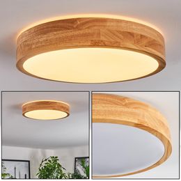 hofstein LED Holz-Deckenleuchte Sofo, flach und rund mit Naturfarben-Ring, 3000 Kelvin warmwei&szlig; Aus Metall, wei&szlig;er Schirm, &oslash; 29,5 cm, 1700 Lumen