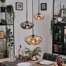 hofstein Cluster-H&auml;ngeleuchte Mertola mit bernstein- und rauchfarbenen Glasschirmen f&uuml;r den Esstisch Metallgestell, &oslash; 30 cm, E27, 3-flammig, Retro-Stil
