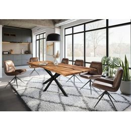 Baumtisch Akazie 240x100x74 natur lackiert / Epoxid schwarz, Kreuzgestell rund anthrazit matt EPOXY
