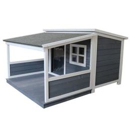 SunnyDogs Holz-Hundeh&uuml;tte mit Pultdach und Terrasse, grau-wei&szlig; lasiert, wetterfest