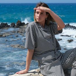 LANDS' END Gingham-Bluse mit kurzen &Auml;rmeln f&uuml;r Damen, Damen, size: regular, Schwarz, Baumwolle/Polyester/Polyester-Mischung, by Lands' End