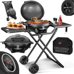 Kesser&reg; elektrischer Elektrogrill 2in1 Tischgrill - Standgrill mit Deckel und Standfu&szlig; max. 2400 Watt Faltbar Thermometer Antihaftbeschichtung Grillplatte Abstelltische 2 R&auml;der