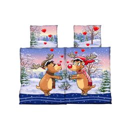 Partnerbettw&auml;sche 155 x 220 cm + 80 x 80 cm - Fleece-Bettw&auml;sche mit Rentiermotiv