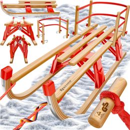 Kesser&reg; Holzschlitten Premium Schlitten faltbar Kinder Faltschlitten Kinderschlitten aus Buchenholz inkl. Zugseil Schieber Metallkufen