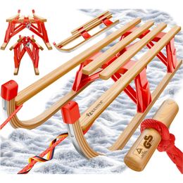 Kesser&reg; Holzschlitten Premium Schlitten faltbar Kinder Faltschlitten Kinderschlitten aus Buchenholz inkl. Zugseil Schieber Metallkufen