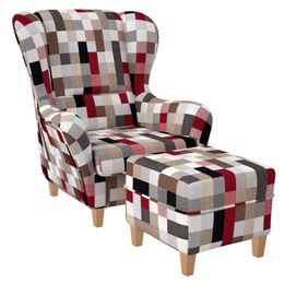 Supellex Sofia Ohrensessel mit Hocker Design Patchwork kariert bunt gedeckt