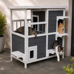 SUNNYDEALS Katzenhaus mit 2 Etagen, Holz grau-wei&szlig;