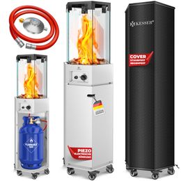 Kesser&reg; Gasheizstrahler 4/8 kW Gas Piezoz&uuml;ndung Heizung + Gasdruckregler + Cover, 360&deg; Rollen Kippschutz, Terrassenheizstrahler Gasheizung Gasheizer Outdoor Kamin Mobiler Heizpilz, Heizer, Schwarz