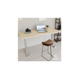 VESKA H&ouml;henverstellbarer Schreibtisch (140 x 70 cm) - Sitz- & Stehpult - B&uuml;rotisch Elektrisch H&ouml;henverstellbar mit Touchscreen & Stahlf&uuml;&szlig;en - Silber/Bambus