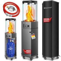 Kesser&reg; Gasheizstrahler 4/8 kW Gas Piezoz&uuml;ndung Heizung + Gasdruckregler + Cover, 360&deg; Rollen Kippschutz, Terrassenheizstrahler Gasheizung Gasheizer Outdoor Kamin Mobiler Heizpilz, Heizer, Schwarz