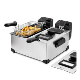 H.Koenig DFX600 Fritteuse aus Edelstahl, Doppelbecken, 2 unabh&auml;ngige Thermostate je 3L, herausnehmbare sp&uuml;lmaschinenfeste K&ouml;rbe, Geruchsfilter