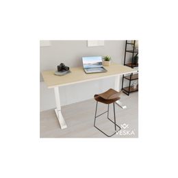 VESKA H&ouml;henverstellbarer Schreibtisch (140 x 70 cm) - Sitz- & Stehpult - B&uuml;rotisch Elektrisch H&ouml;henverstellbar mit Touchscreen & Stahlf&uuml;&szlig;en - Weiss/Bambus