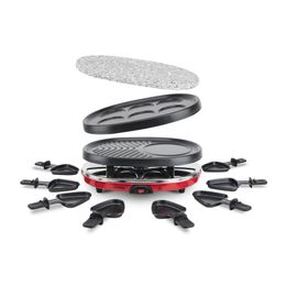 H.Koenig RP412 Raclette-Ger&auml;t 4 in 1 / 8 Personen / Raclette, Natursteingrill, Crepe-Platte und Grillplatte / mit 8 Pf&auml;nnchen / 900 W / SchwarzRrot