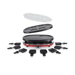 H.Koenig RP418 Raclette-Ger&auml;t 4 in 1 / 8 Personen / Raclette, Natursteingrill, Crepe-Platte und Grillplatte / mit 8 Pf&auml;nnchen / 1500 W / Schwarz/Rot