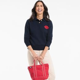 LANDS' END Lands' End x Lulu Guinness Lips Feinstrick-Polopullover f&uuml;r Damen in Petite-Gr&ouml;&szlig;e, Damen, size: petite, Blau, Baumwolle, by Lands' End