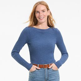 LANDS' END Rippstrick-Shirt mit U-Boot-Ausschnitt f&uuml;r Damen, Damen, size: regular, Blau, Elasthan/Baumwoll-Mischung/Polyester-Mischung, by Lands' End