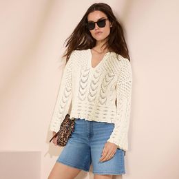 LANDS' END Baumwollpullover mit Ajourmuster f&uuml;r Damen, Damen, size: regular, Elfenbein, Baumwoll-Mischung/Polyester-Mischung, by Lands' End