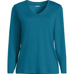 LANDS' END Supima&reg; Langarm-Shirt mit V-Ausschnitt f&uuml;r Damen in Petite-Gr&ouml;&szlig;e, Damen, size: petite, Blau, Baumwolle, by Lands' End