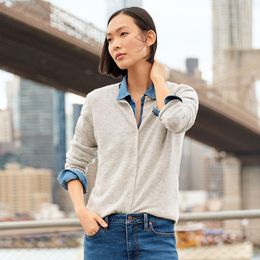 LANDS' END Kaschmir-Cardigan mit rundem Ausschnitt in Petite-Gr&ouml;&szlig;e, Damen, size: petite, Grau, Kaschmir, by Lands' End