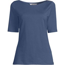 LANDS' END Supima&reg; T-Shirt mit U-Boot-Ausschnitt und gekn&ouml;pfter Schulter in Petite-Gr&ouml;&szlig;e f&uuml;r Damen, Damen, size: petite, Blau, Baumwolle, by Lands' End