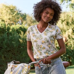 Supima Kurzarm-Shirt mit V-Ausschnitt f&uuml;r Damen in Petite-Gr&ouml;&szlig;e, Damen, size: petite, Blau, Baumwolle, by Lands' End