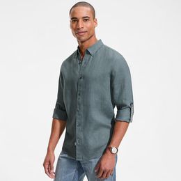 LANDS' END Hemd aus reinem Leinen mit Roll&auml;rmeln f&uuml;r Herren, Herren, size: regular, Gr&uuml;n, Leinen, by Lands' End