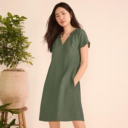 LANDS' END Leinenkleid mit Smok-Ausschnitt f&uuml;r Damen, Damen, size: regular, Gr&uuml;n, Leinen, by Lands' End