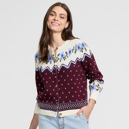 LANDS' END Drifter Jacquard-Cardigan mit Rundausschnitt in Petite-Gr&ouml;&szlig;e, Damen, size: petite, Rot, Baumwolle, by Lands' End