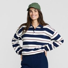 LANDS' END Serious Sweats Polopullover in Petite-Gr&ouml;&szlig;e, Damen, size: petite, Blau, Baumwoll-Mischung/Polyester-Mischung, by Lands' End