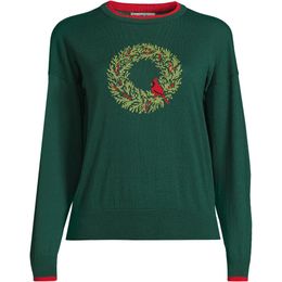 LANDS' END Feinstrick-Baumwollpullover Jacquard mit unterlegtem Ausschnitt, Damen, size: regular, Gr&uuml;n, Viskose-Mischung/Polyester-Mischung, by Lands' End