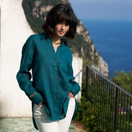 LANDS' END Langes Oversized Premium Reinleinen-Hemd in Petite-Gr&ouml;&szlig;e, Damen, size: petite, Blau, Leinen, by Lands' End