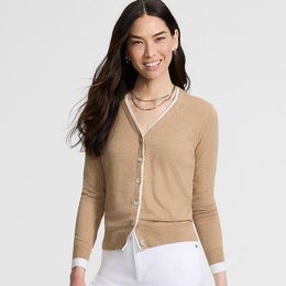 LANDS' END Feinstrick-Baumwollcardigan mit unterlegtem Ausschnitt, Damen, size: regular, Beige, Baumwolle, by Lands' End