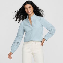 LANDS' END Feincord-Hemdbluse mit Ajourdetails, Damen, size: regular, Blau, Baumwolle, by Lands' End
