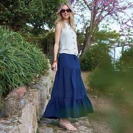 LANDS' END Maxi-Stufenrock aus Musselin f&uuml;r Damen, Damen, size: regular, Blau, Baumwolle, by Lands' End