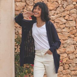 LANDS' END Langer offener Soft Flow Ajour-Cardigan aus Leinenmix f&uuml;r Damen, Damen, size: regular, Blau, Baumwolle/Leinen/Lyocell (Viskose), by Lands' End