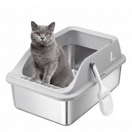 FEANDREA Katzenklo Edelstahl, Offen, Hoher Rand, 26 L, Katzentoilette XXL mit Schaufel hellgrau