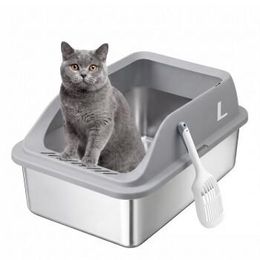 FEANDREA Katzenklo Edelstahl, Offen, Hoher Rand, 26 L, Katzentoilette XXL mit Schaufel dunkelgrau