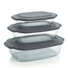 arendo Auflaufformen aus Borosilikatglas, 3er-Set mit 2 l, 2,7 l und 3,8 l, inklusive Kunststoffdeckeln, rechteckig und stapelbar