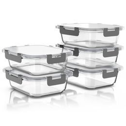 arendo Frischhaltedosen aus Borosilikatglas, 5er-Set mit je 1040 ml, luftdichte Deckel mit Silikondichtung, stapelbar f&uuml;r Meal Prep